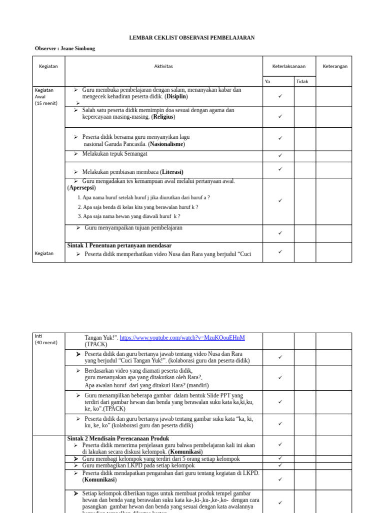 Lembar Ceklist Observasi | PDF