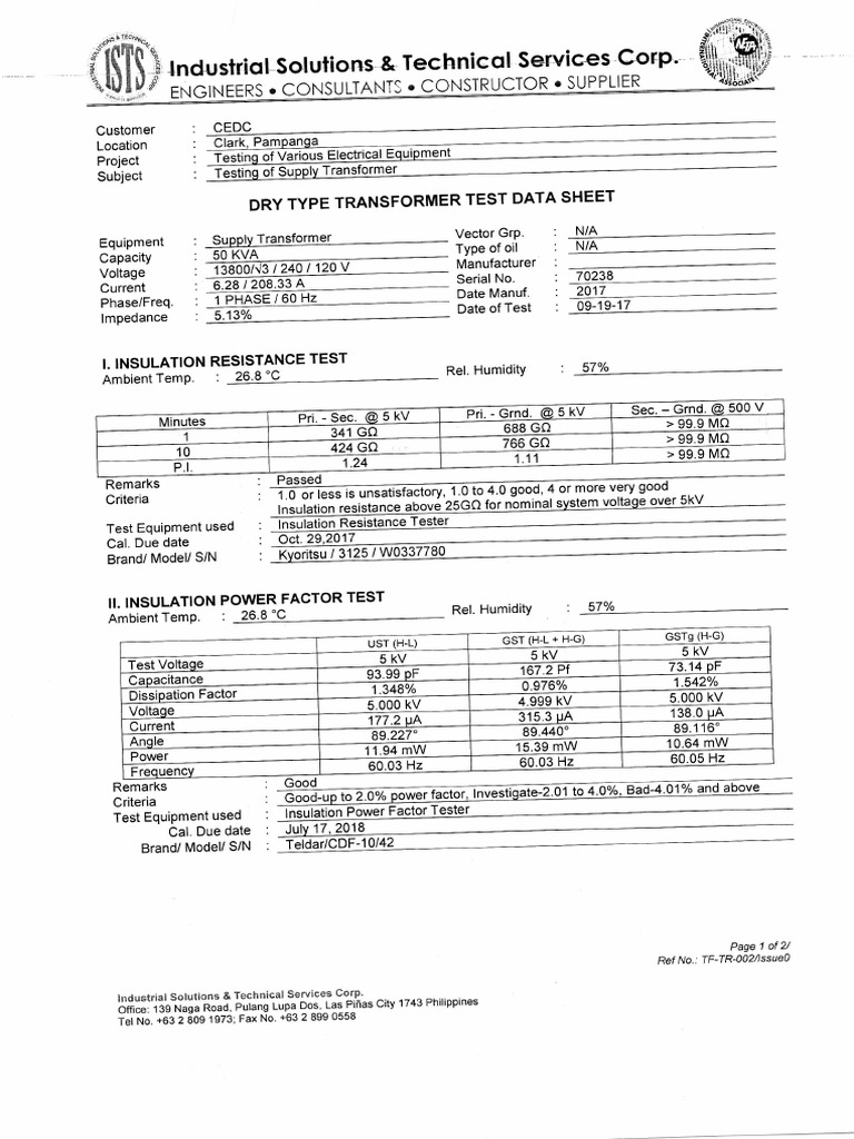 Dry Type Transformer Test Data Sheet | PDF | Transformer | Quantity