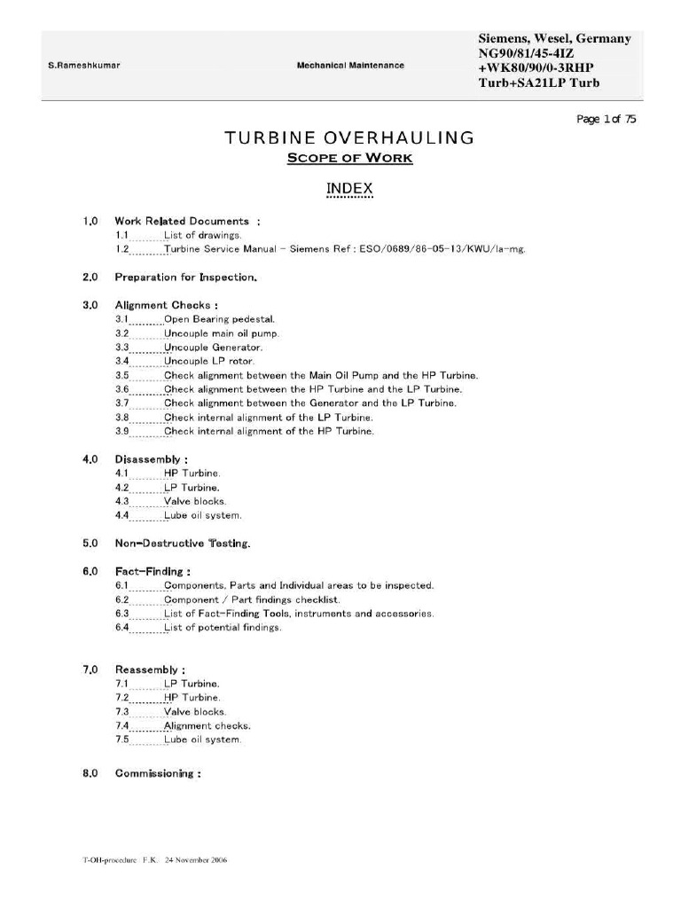 Turbine Overhauling Procedure | PDF