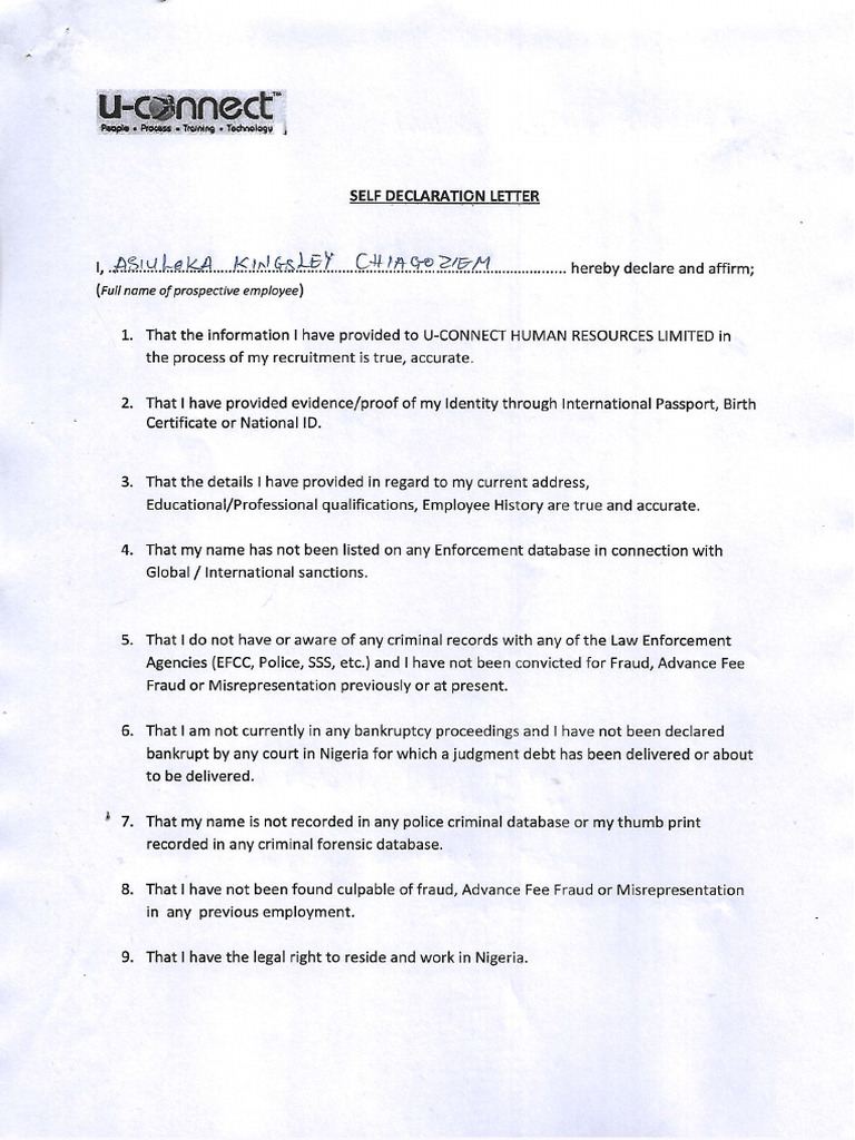 Self Declaration Letter | PDF