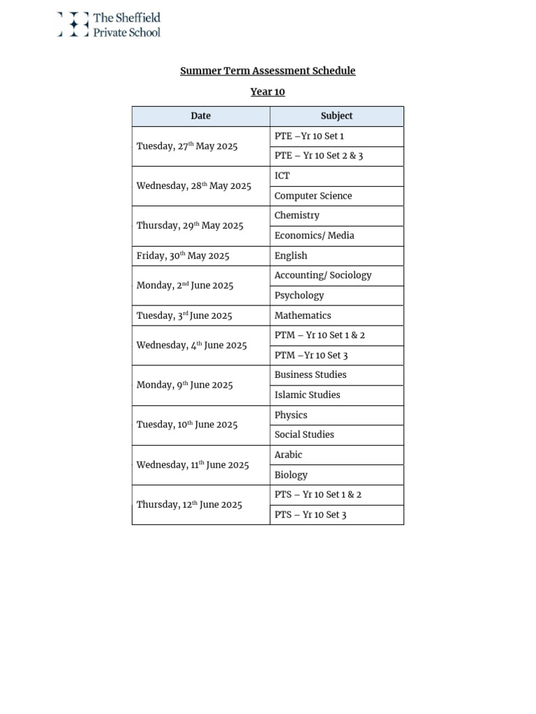 Year 10 Summer Assessment Schedule | PDF