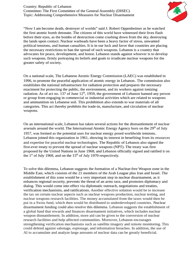 Republic of Lebanon Position Paper GA1 | PDF | Nuclear Weapons ...