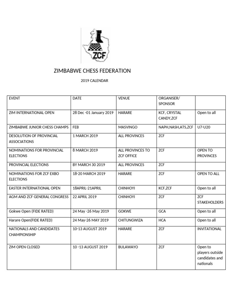 ZCF 2019 Calendar Revised | PDF | Sports | Chess