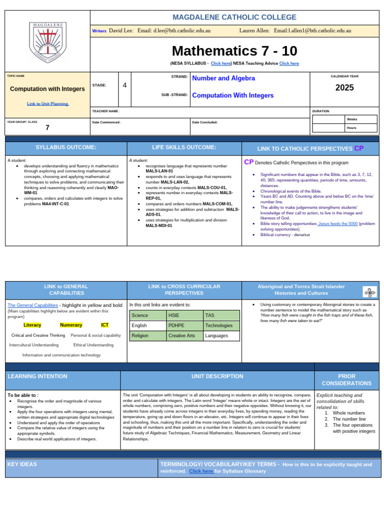 01. Computation With Integers | PDF | Equations | Numbers