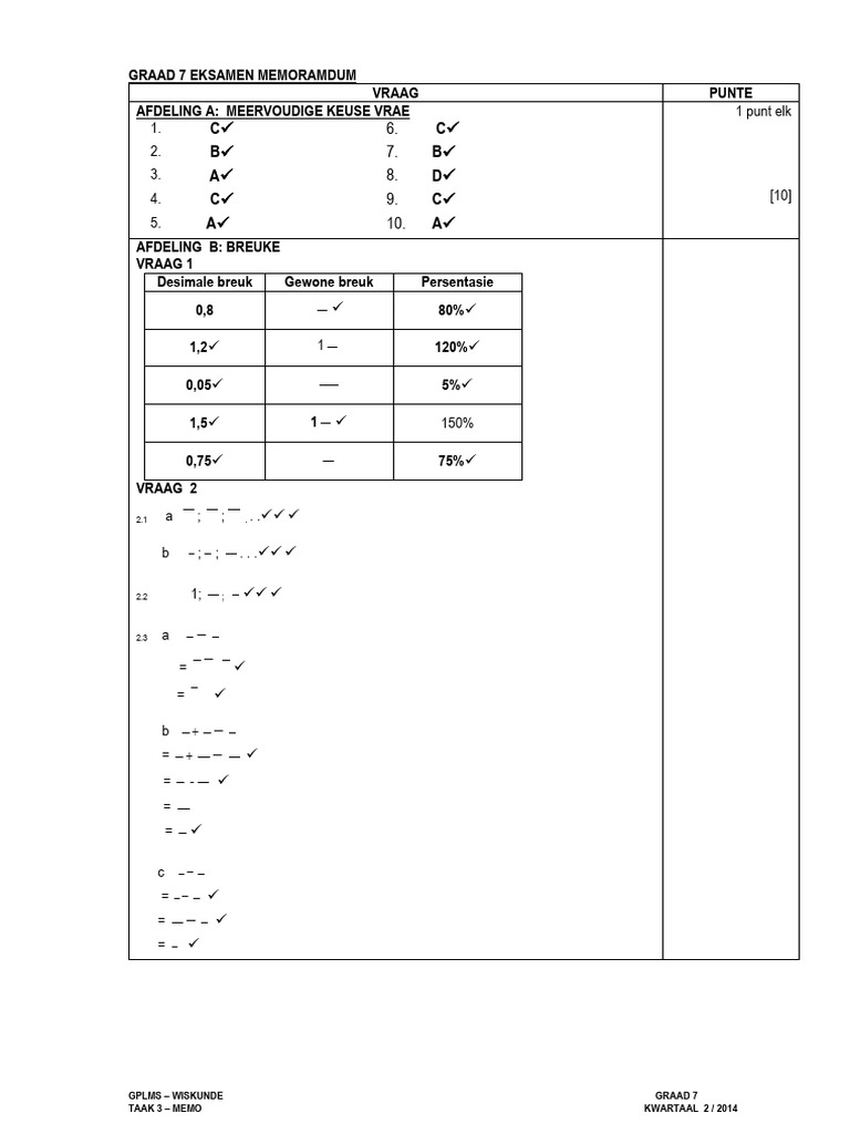 Graad 7 Assessering Eksamen MEMO 2014 Finaal | PDF