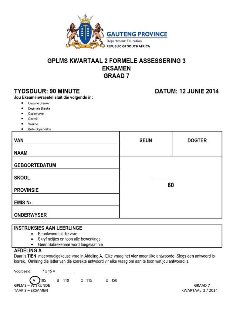 Graad 7 Assessering Eksamen 2014 Finaal | PDF