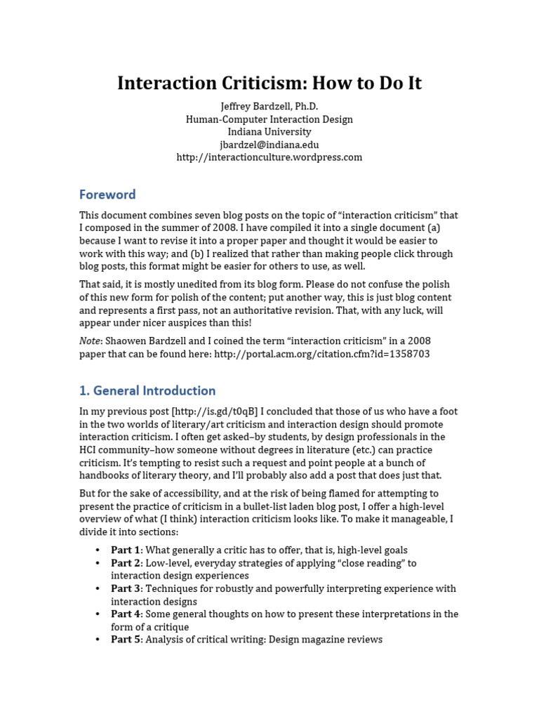 Bardzell InteractionCriticism HowTo | PDF | Experience | Deconstruction