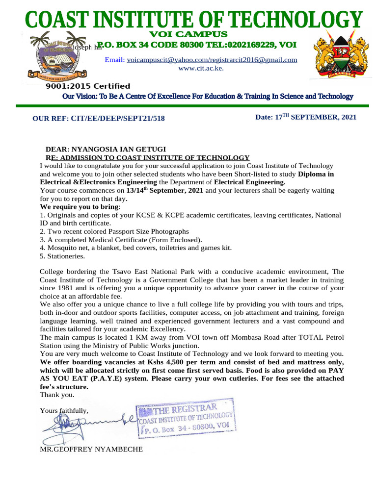 Coast Institute Admission Letter 2021 | PDF