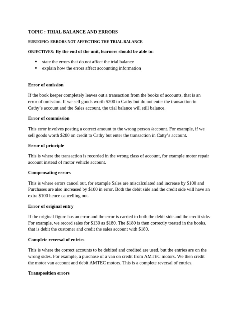 Trial Balance and Errors - Errors Not Affecting The Trial Balance | PDF | Debits And Credits ...
