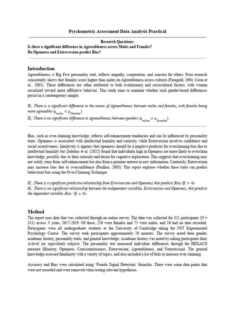 Psychometric Assessment Practical | PDF | Extraversion And Introversion | Behavioural Sciences