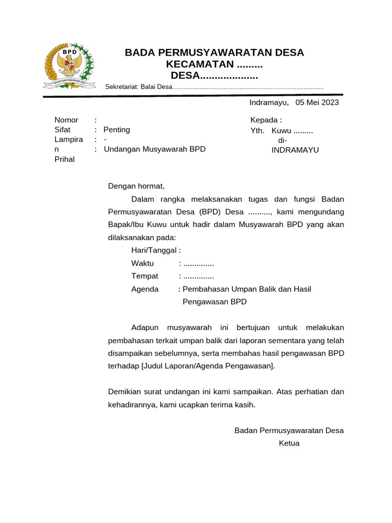 Undangan Musyawarah BPD Indramayu | PDF