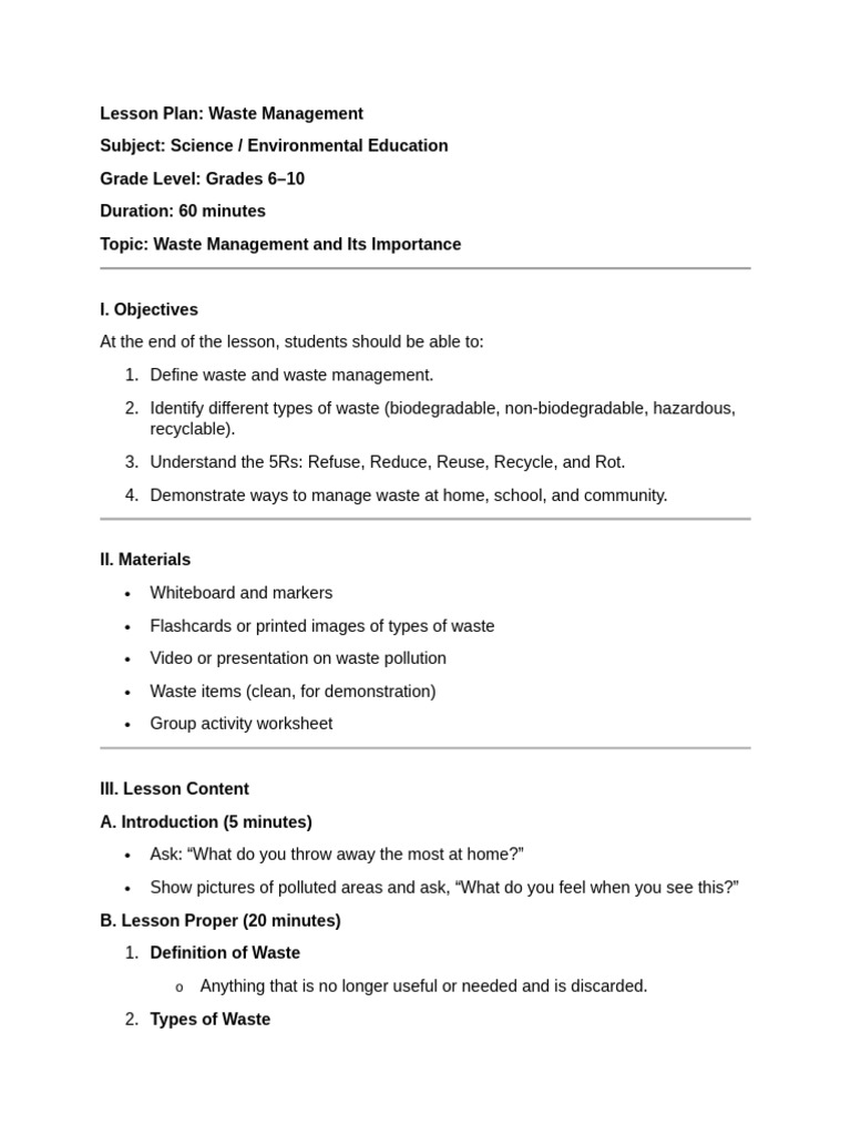 Lesson Plan On Waste Management | PDF | Waste | Waste Management