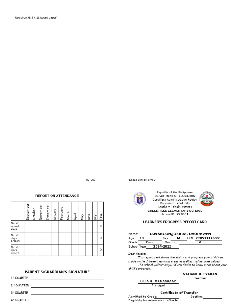 SF 9 REPORT CARD AUTOMATED (SY 2024-2025) MATATAG EDIT | PDF | Learning