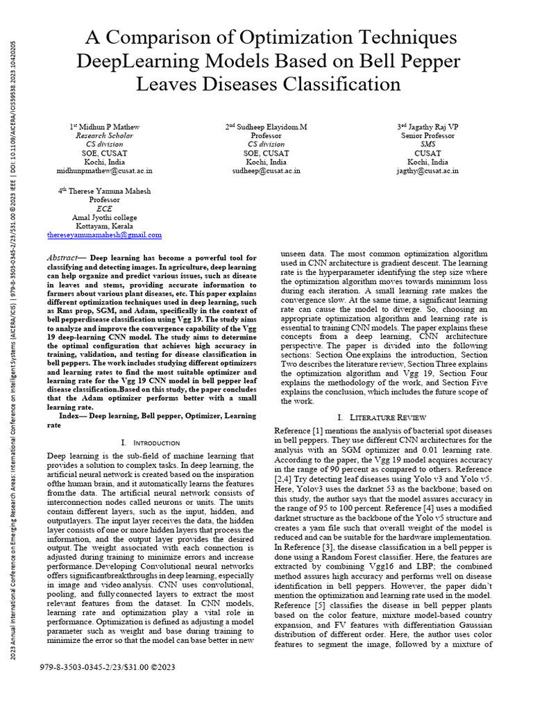 A Comparison of Optimization Techniques DeepLearning Models Based On Bell Pepper Leaves Diseases ...