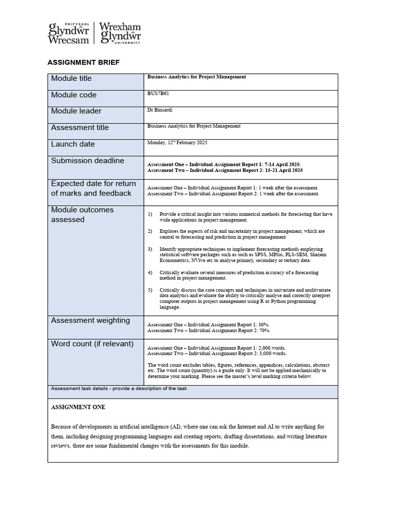 Business Analytics For Project Management ASSIGNMENTS ONE AND TWO | PDF | Forecasting | Project ...