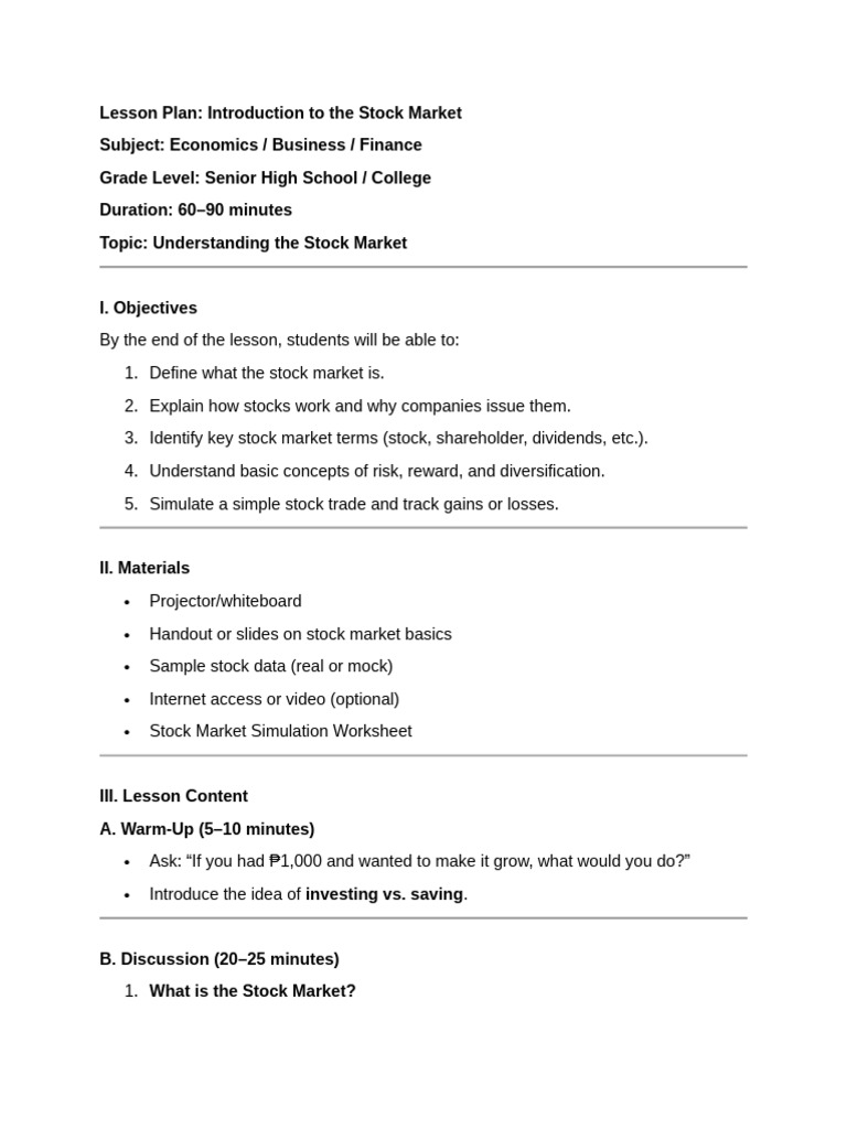 Lesson Plan in Stock Market | PDF | Stocks | Stock Market