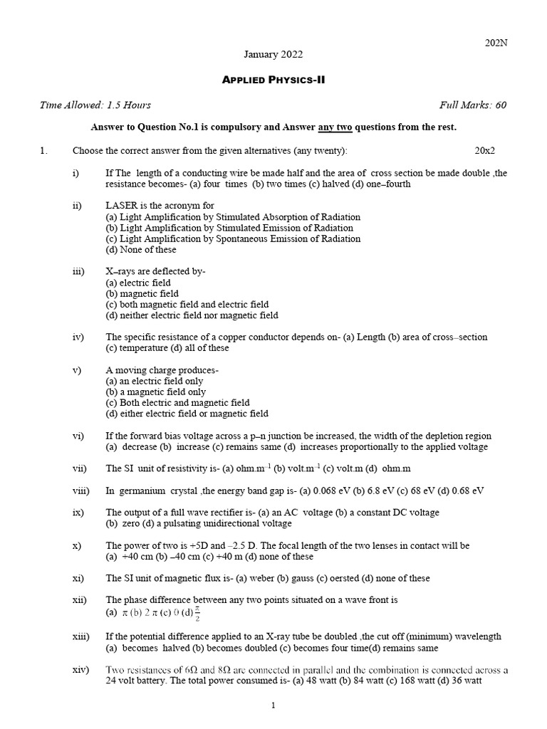 Applied Physics II Final Question Paper January 2022 | PDF | Voltage | Capacitance