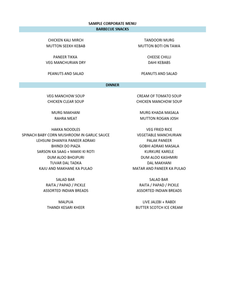 Sample Corporate Menus | PDF