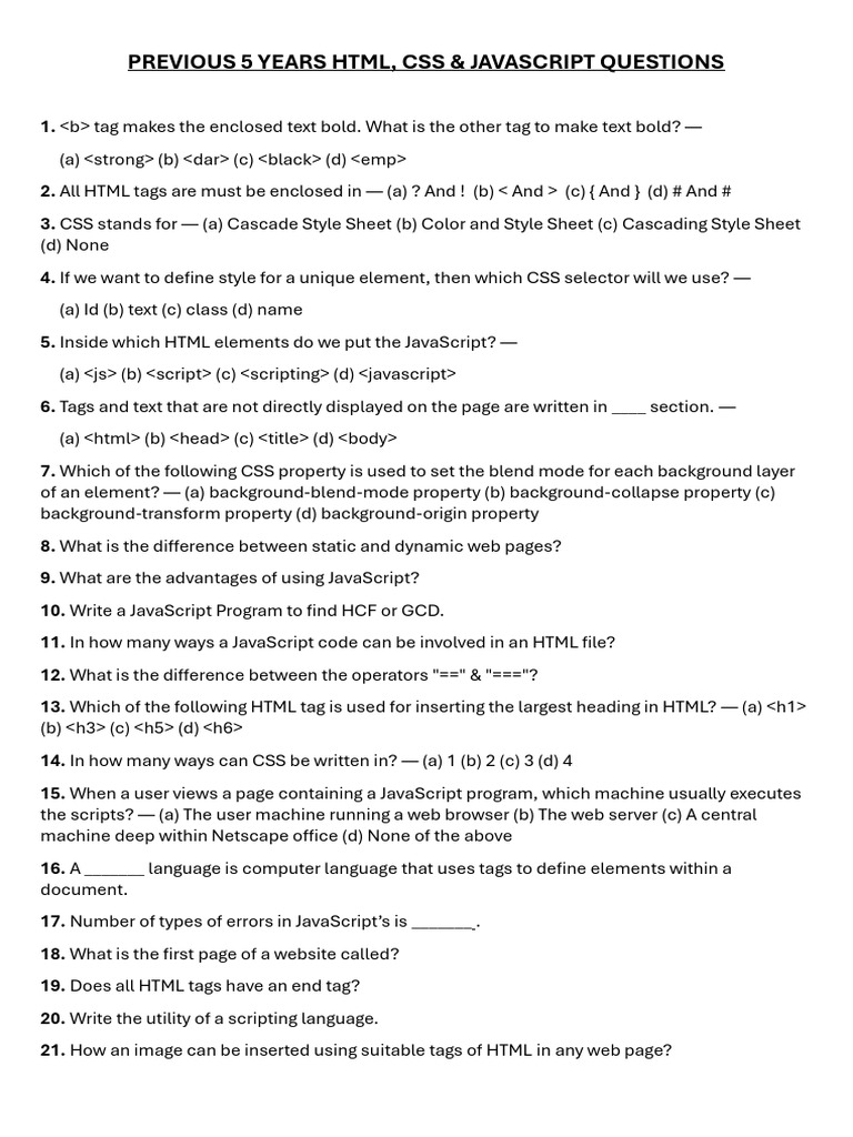 HTML, CSS & JavaScript Quiz Questions | PDF | Html | Internet
