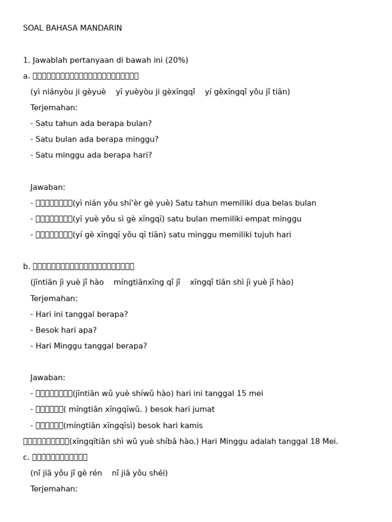 Contoh Soal UTS Mandarin Dan Jawabannya | PDF