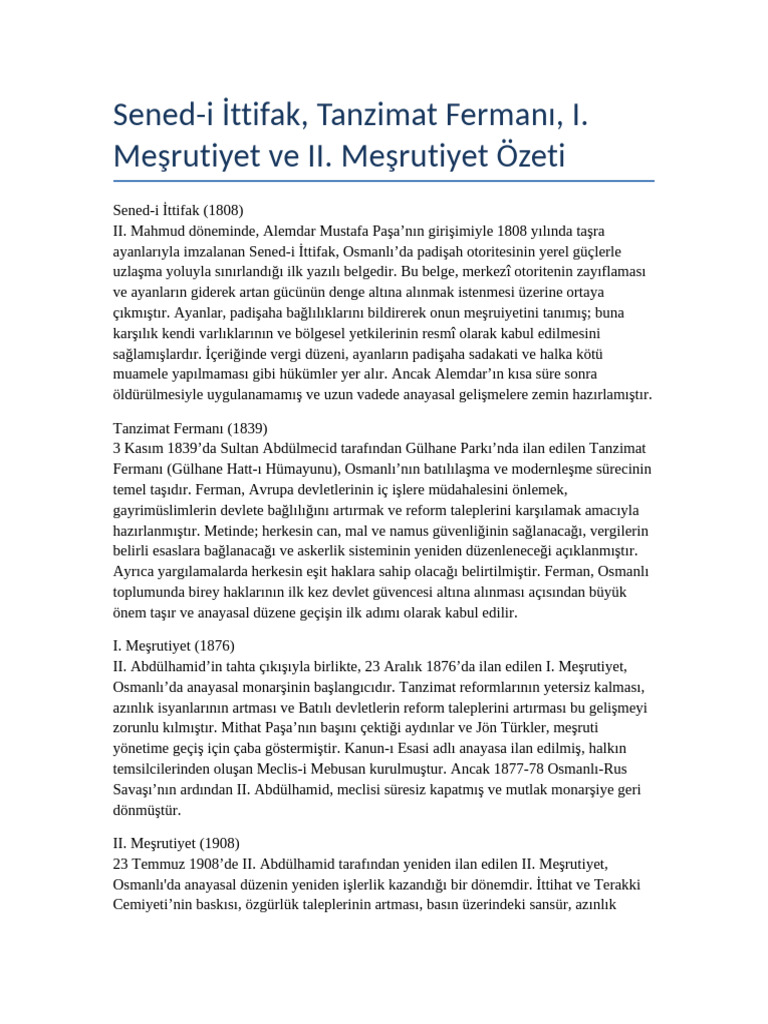 Sened Tanzimat Mesrutiyet Ozet | PDF