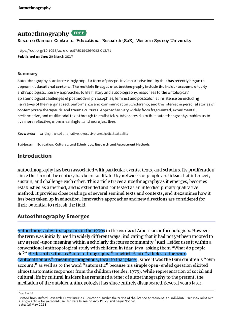 Autoethnography | PDF | Ethnography | Liberal Arts Education