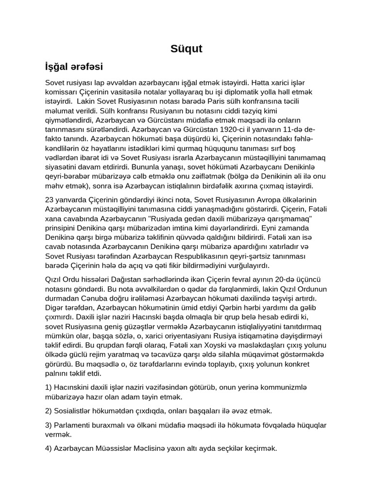Azərbaycan Xalq Cumhiriyyətinin Süqutu | PDF