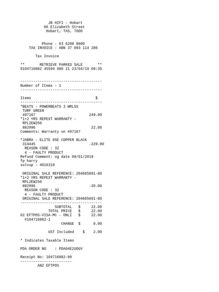 JBHiFi Receipt Gsqxz35 | PDF