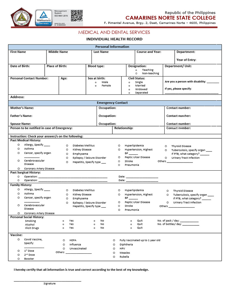 Basic Education Individual Health Record | PDF | Vaccines | Tuberculosis
