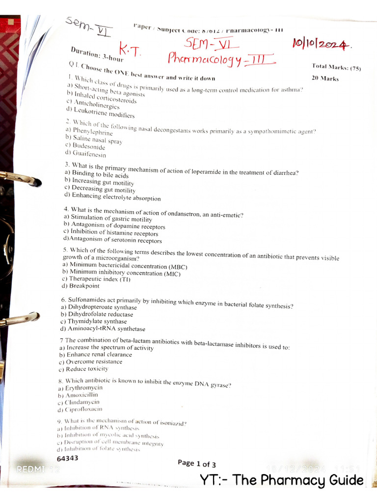 Pharmacology 3 Sem6 PYQS | PDF