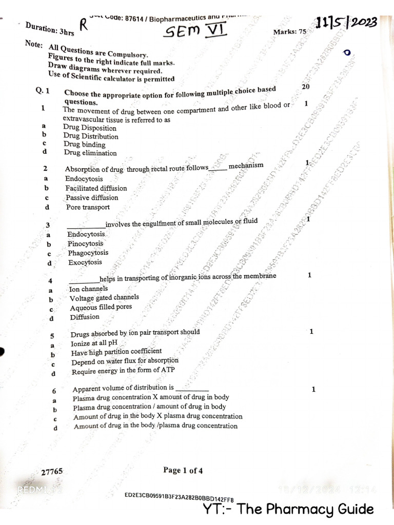 Biopharmaseutics and Pharmakinetics Sem6 PYQS | PDF
