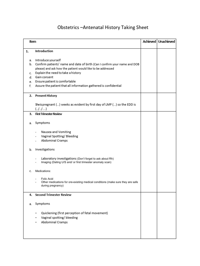 Obstetrics - Antenatal History Taking Sheet | PDF | Pregnancy ...