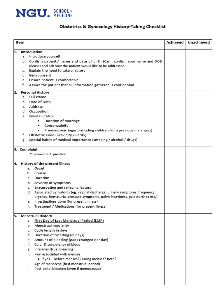 Obstetrics & Gynecology History Checklist | PDF | Childbirth | Menstruation