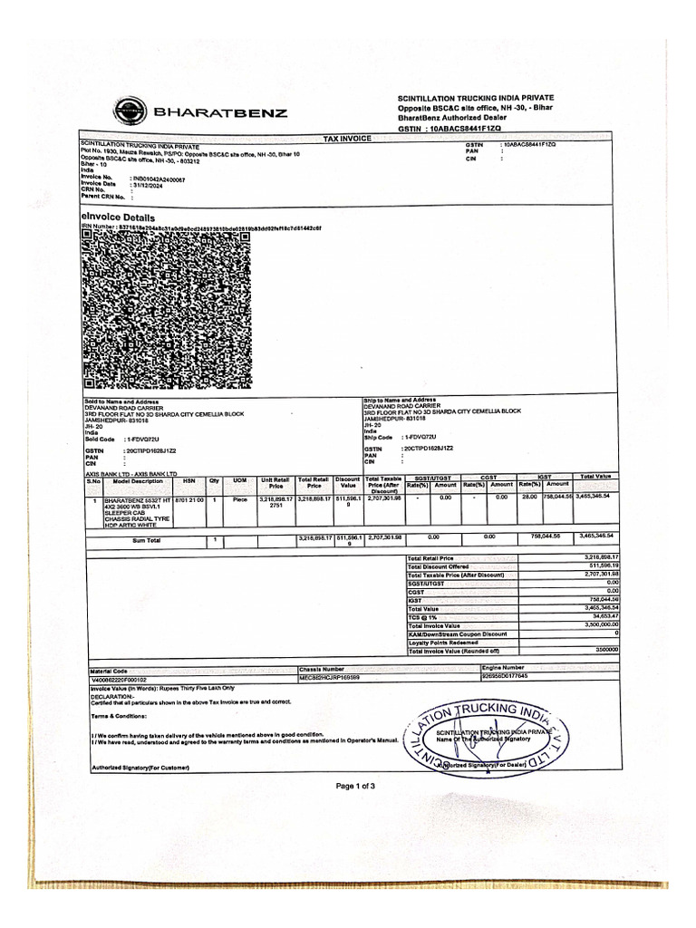 Devanand Road Carrier Chasis Invoice | PDF