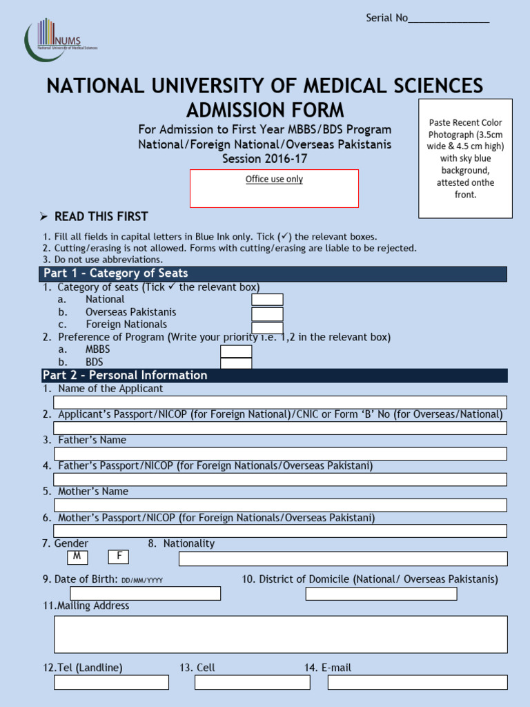 Admission Form MBBS BDS1474532171 1 | PDF | Educational Stages