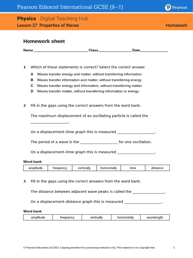 1721735062805-IG Physics Lesson27 Homework Sheet | PDF | Waves | Physics