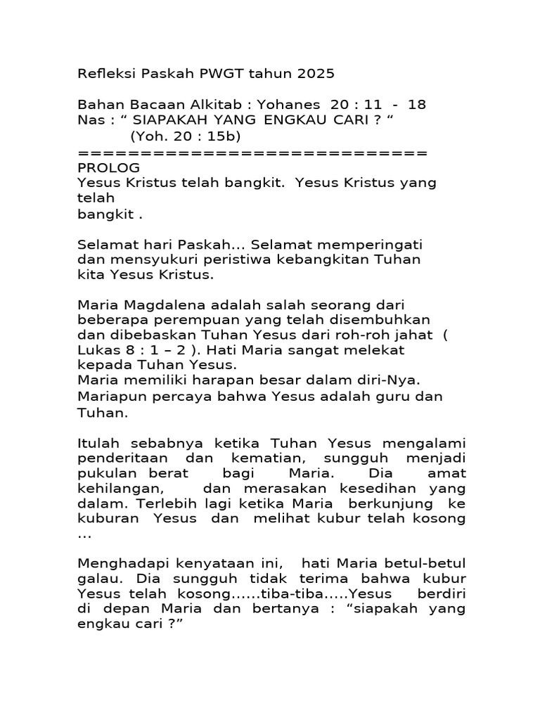 Refleksi Paskah PWGT Tahun 2025 | PDF