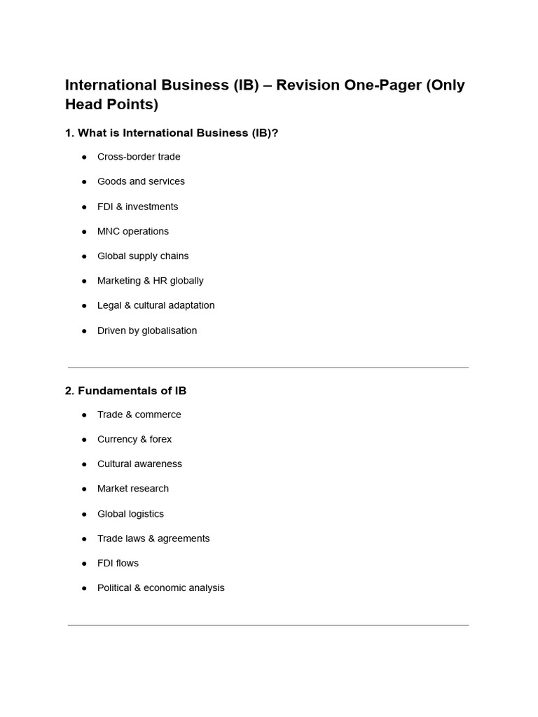 International Business (IB) - Revision One-Pager (Only Head Points ...