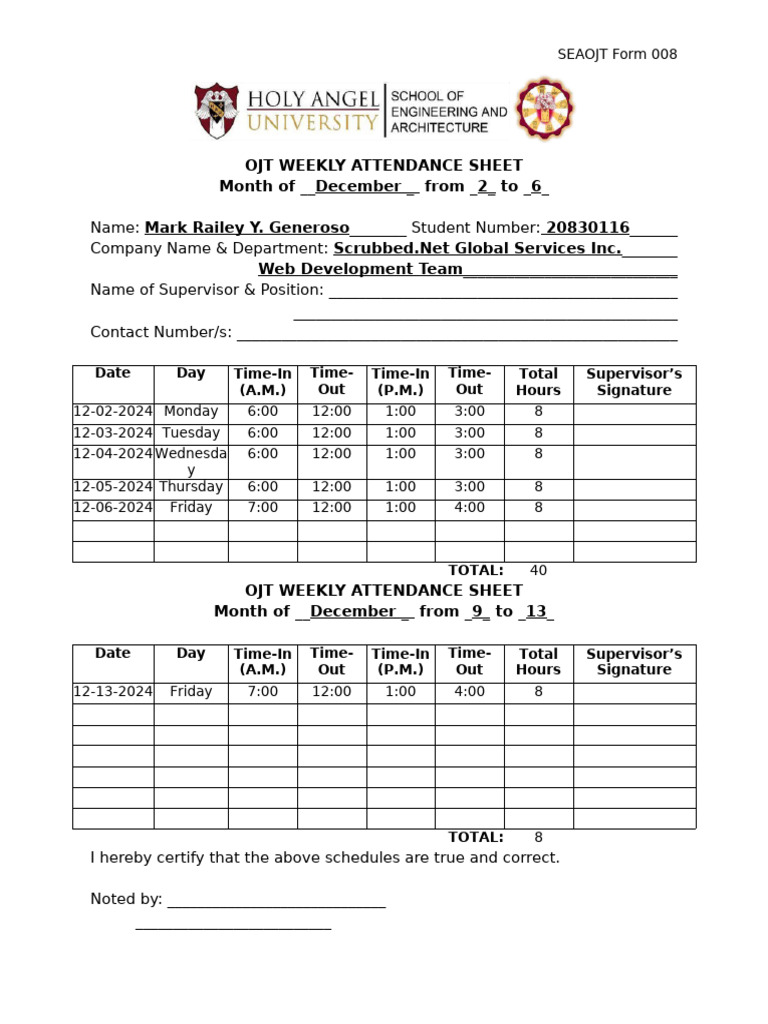 Form 008 OJT Weekly Attendance Sheet (Updated) Dec 02-13 | PDF