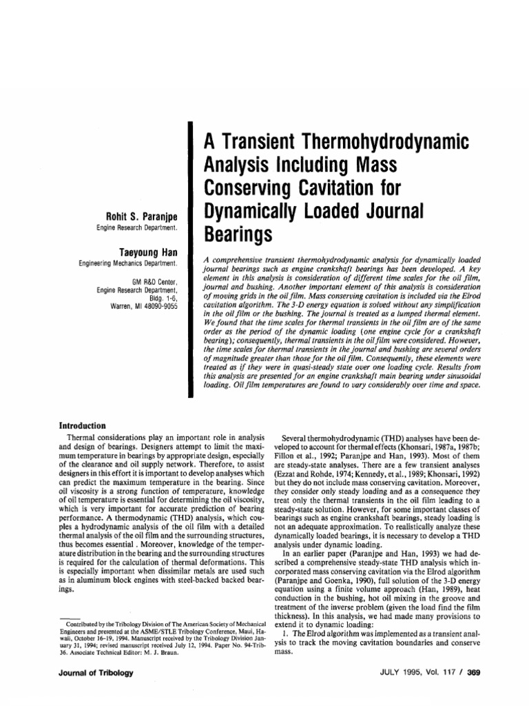 A Transient ThermohydrodynamicAnalysis Including MassConserving Cavitation Fordynamically Loaded ...