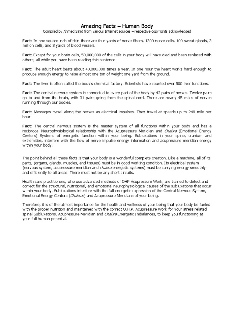 Amazing Facts Human Body | PDF | Nerve | Nervous System