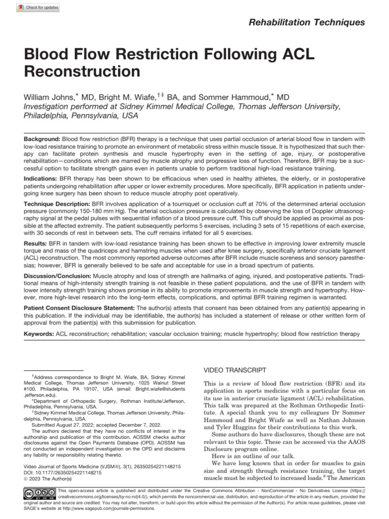Johns Et Al 2023 Blood Flow Restriction Following Acl Reconstruction ...