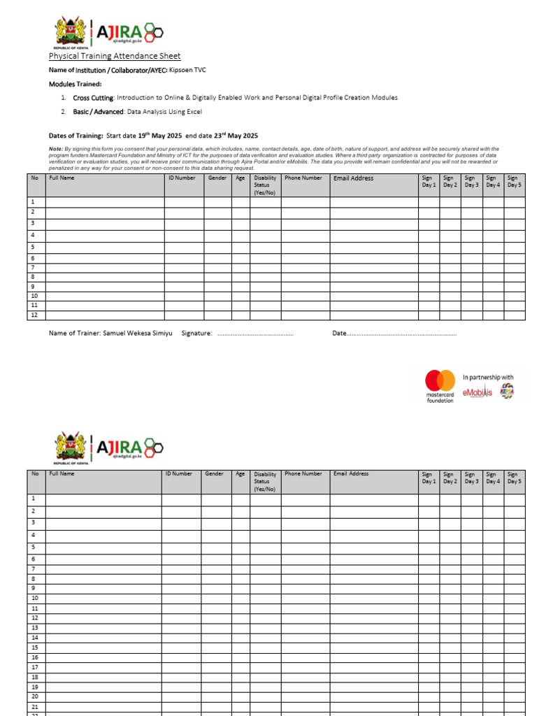 Physical Training Attendance Sheet Jitume | PDF