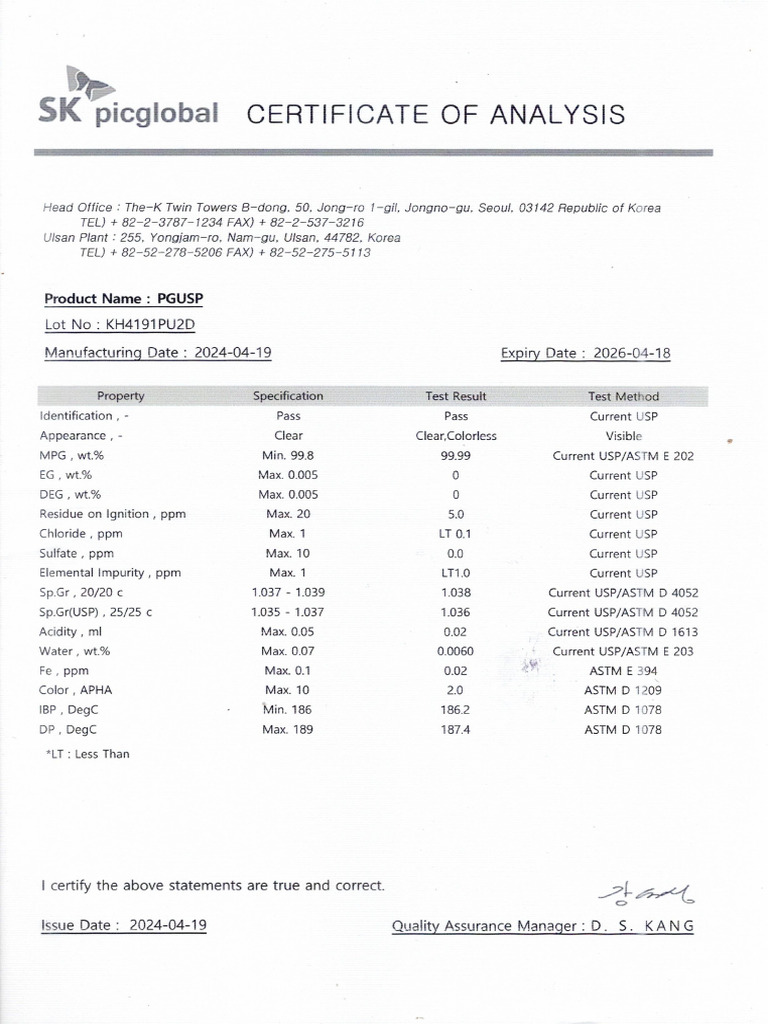 CoA Propylene Glycol (USP) Ex SKC | PDF
