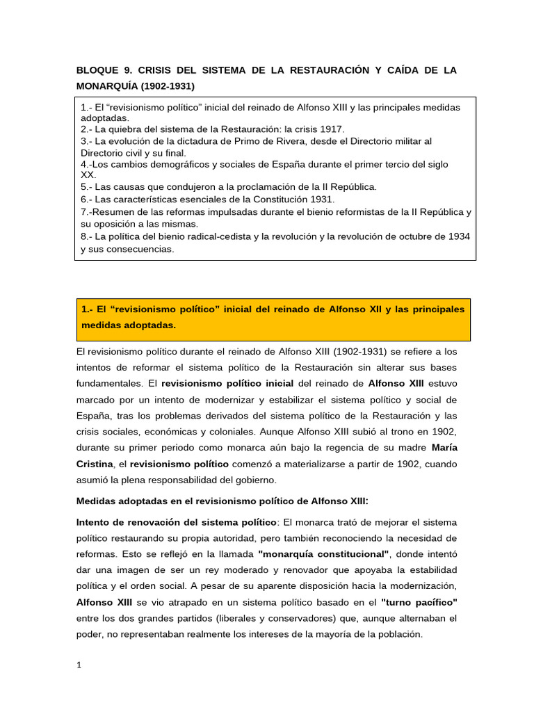 BLOQUE 9. La Crisis del sistema de la Restauración 2425 | PDF | España | Ciencias Políticas