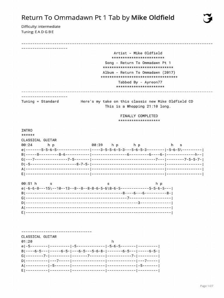 Return To Ommadawn Part 1 Tab | PDF