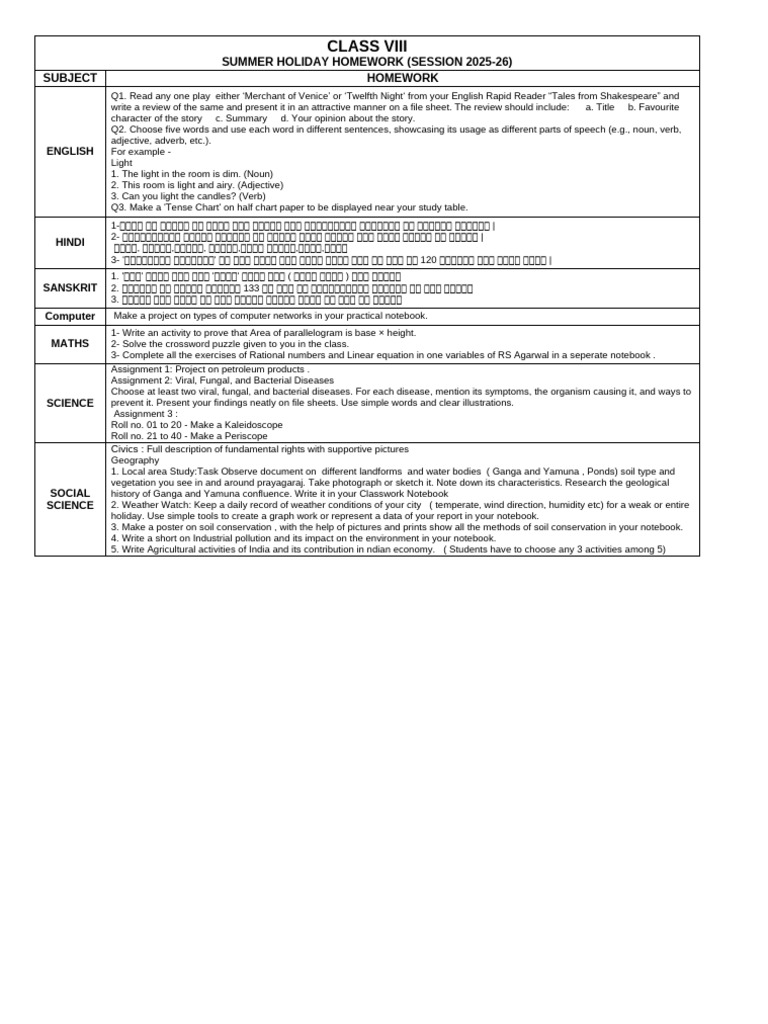 Summer Holiday Homework 8th | PDF | Verb | Linguistics