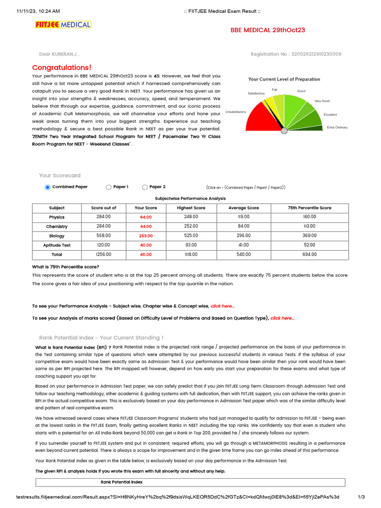 FIITJEE Medical Exam Result | PDF