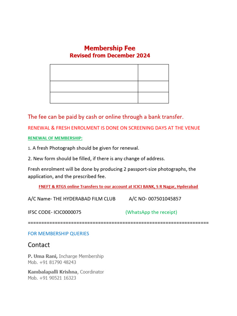 Hyderabad Film Club Membership Fees | PDF