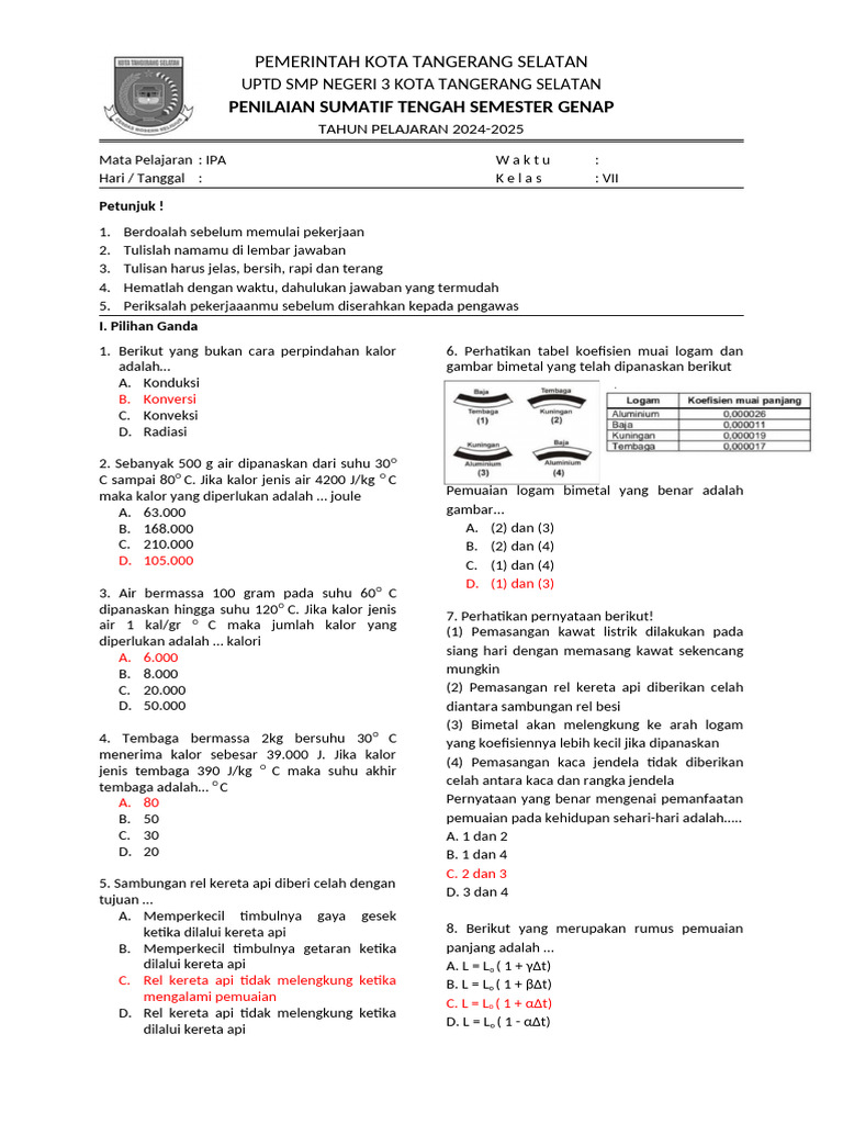 SOAL IPA Kelas VII STS - PTS GENAP 2025 | PDF